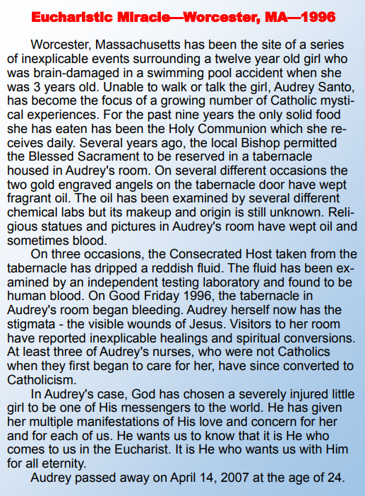 Reported Eucharistic Miracle, Worchester, MA 1966, Little Audrey Santo ...